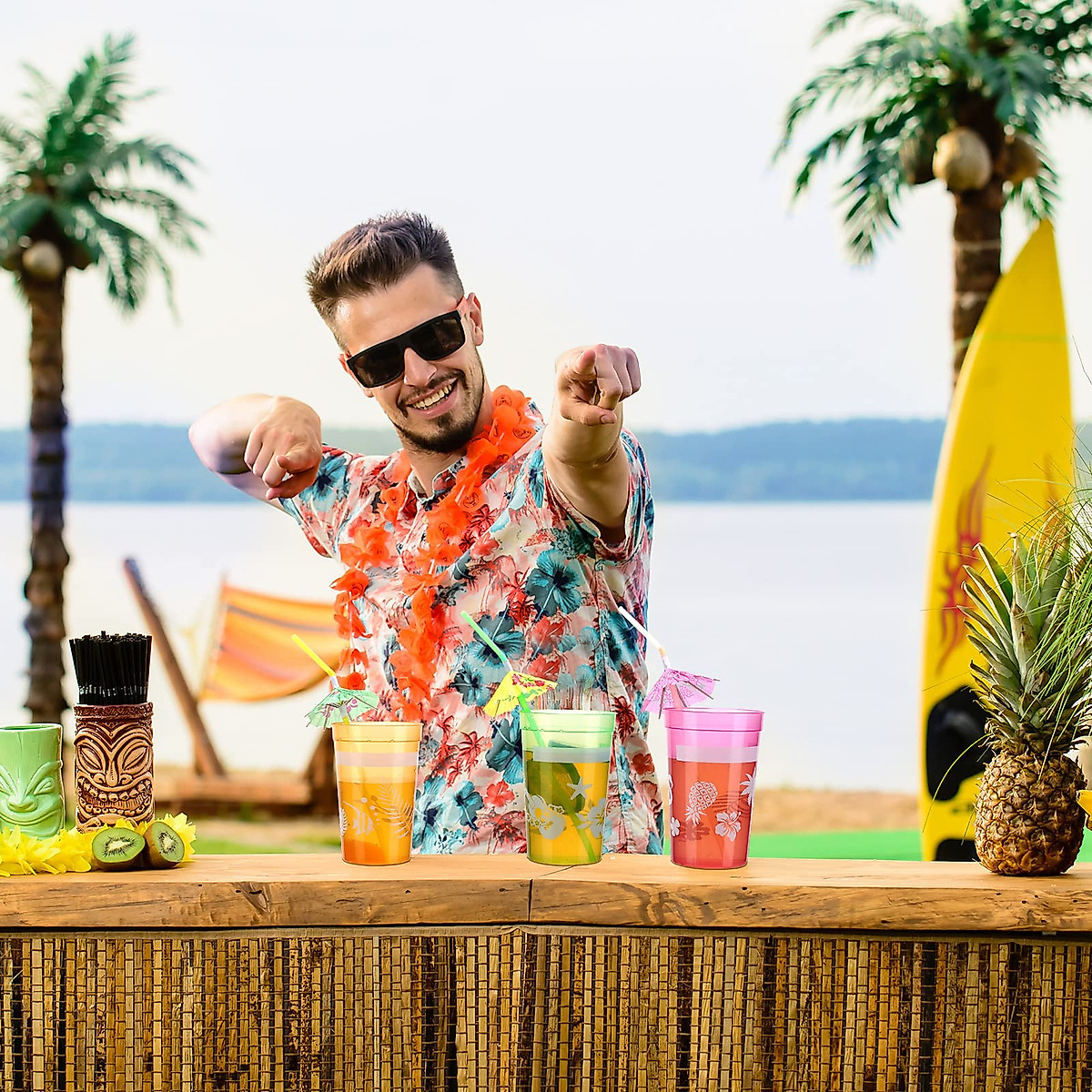 100 Pcs 12 Oz Hawaiian Luau Plastic Party Cups 100 Pcs 9.45 Inch Umbrella Parasol Drinking Straws Umbrella Straws for Cocktail Juice Milkshake Beach Hawaiian Party Luau Summer Decorations Supplies