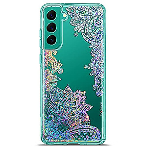 Coolwee Anti Yellowing Clear Glitter for Samsung Galaxy S22 Plus, 6.6 inch, Thin Flower Slim Cute Crystal Lace Bling Women Girls Floral Plastic Hard Back Soft TPU Bumper Protective Cover Mandala Henna