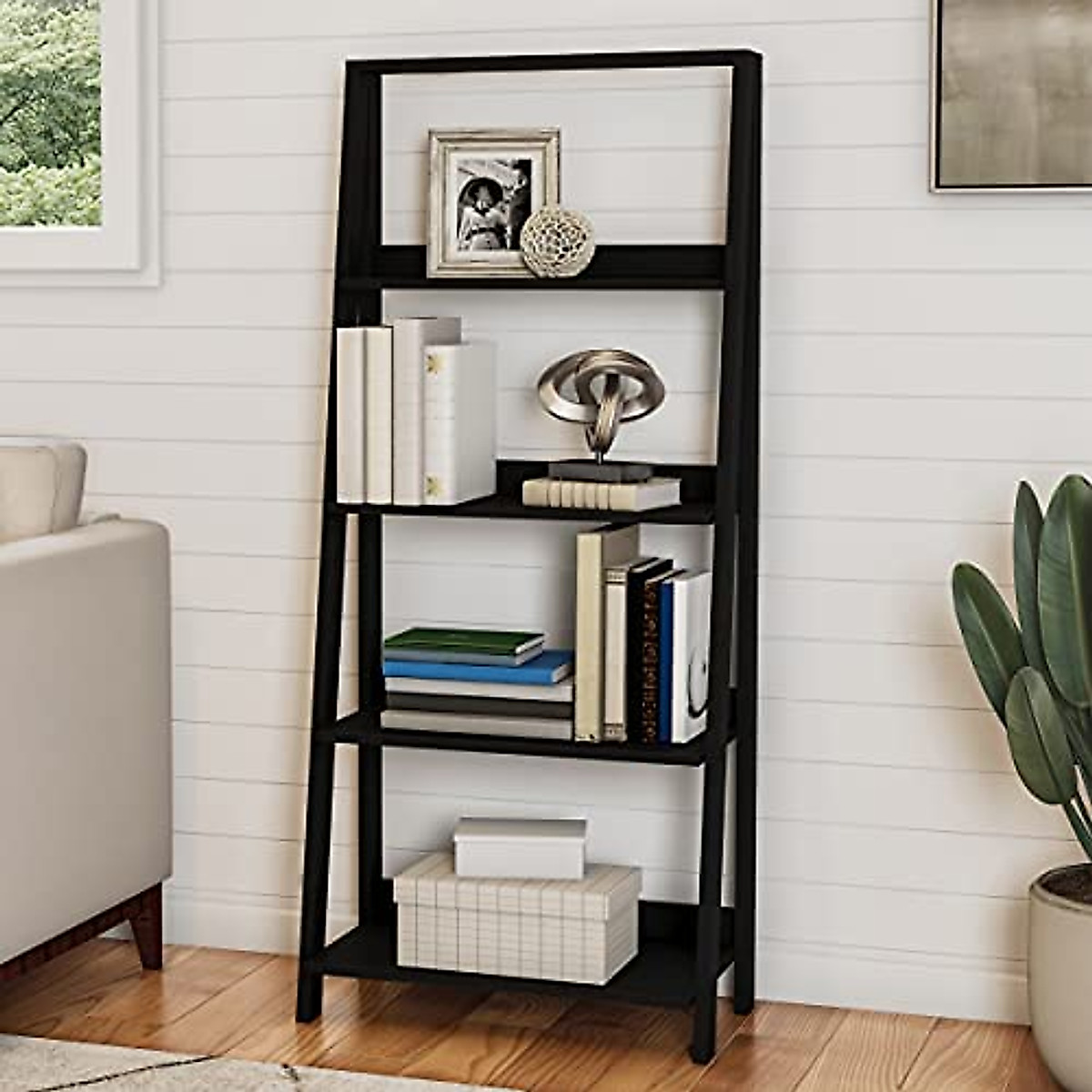 Lavish Home 4-Tier Ladder Bookshelf – Freestanding Wooden Living Room Shelves – Decorative Bookcases for Home and Office (Black) Set of 1