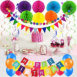 ZERODECO Birthday Party Decoration, Multi-colored Happy Birthday Banner with Paper Fans, Honeycomb Balls, Triangular Pennants, Circle Paper Garland, Hanging Swirls and Balloons