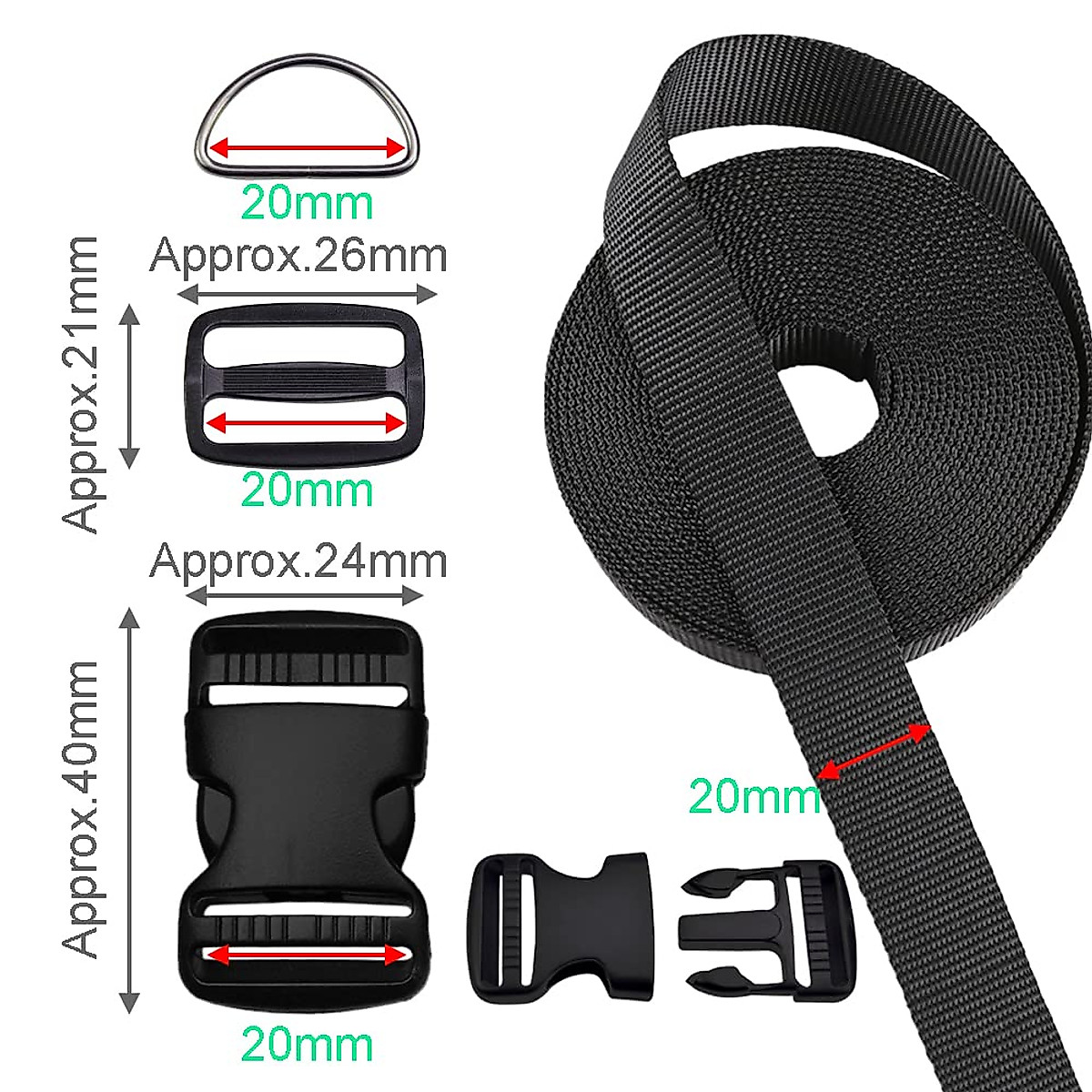 3/4 Inch Buckles Straps Set 6 Yards 3/4 Inch Black Nylon Webbing Strap 6 Pcs Plastic Buckle Dual Adjustable 12pcs Tri-glide Slide Clip Metal D Rings