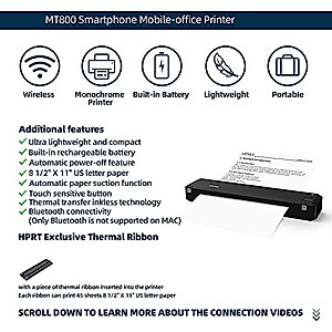 HPRT MT800 Thermal Transfer Portable Printer Support 8.5" X 11" US Letter & A4 Paper Bluetooth Wireless Travel Printer Compatible with Android and iOS,Suitable for On The Go