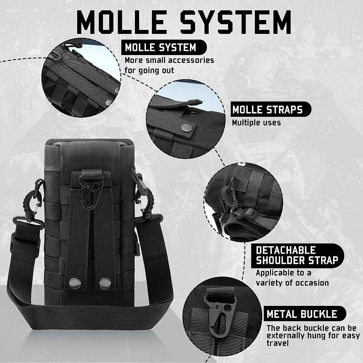 Molle Water Bottle Pouch, Tactical Black Water Holder Carrier with Pocket Stap for Hiking Camping