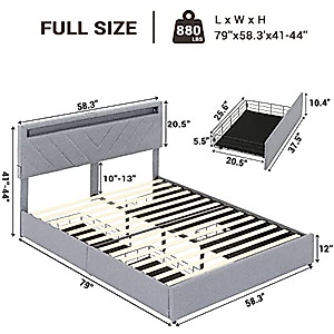 ADORNEVE LED Full Size Bed Frame with Storage Drawers, Upholstered Platform Bed Frame Full with LED Lights and Charging Station, Sturdy Wooden Slats Support, No Box Spring Needed, Light Grey