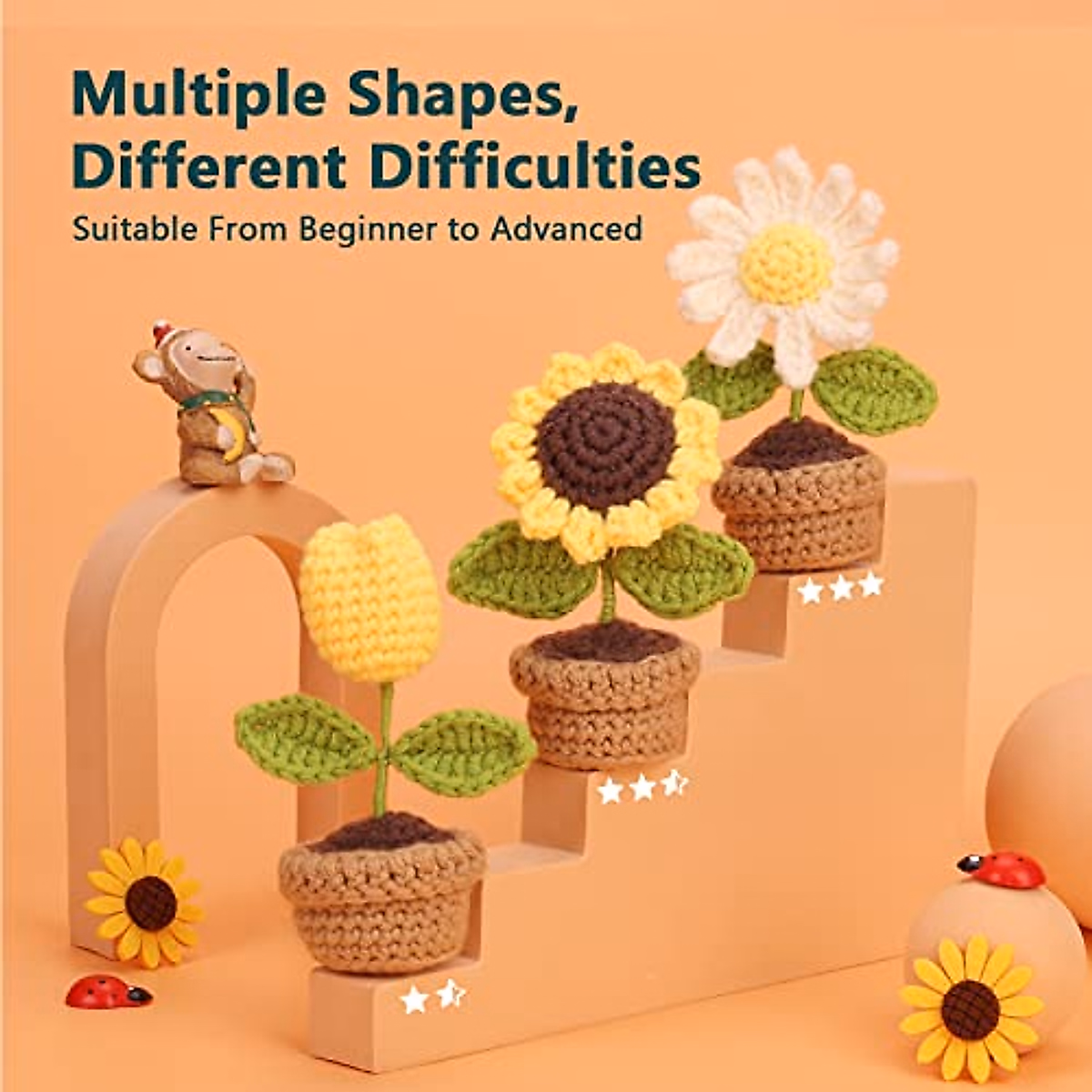 PP OPOUNT Beginner Crochet Kit - 3 PCS Potted Plants, Complete Crochet Kit for Beginners, Starter Pack for Adults and Kids with Step-by-Step Instructions and Video Tutorials