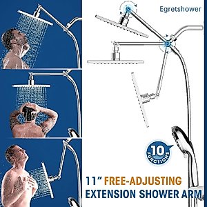 High Pressure 9'' Rainfall Shower Head With Handheld Combo, 10-Setting Handheld Shower Head Built-In Power Wash, 11'' Extension Arm Height/Angle Adjustable With Holder & 60" Hose - Polished Chrome