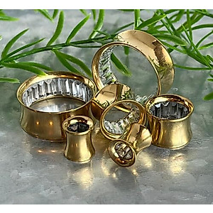 Lobal Domination PAIR of Inner Clear Square Gems & Gold Ion Plated Steel Saddle Tunnels Double Flare Plugs Gauges (7/8" (22mm))