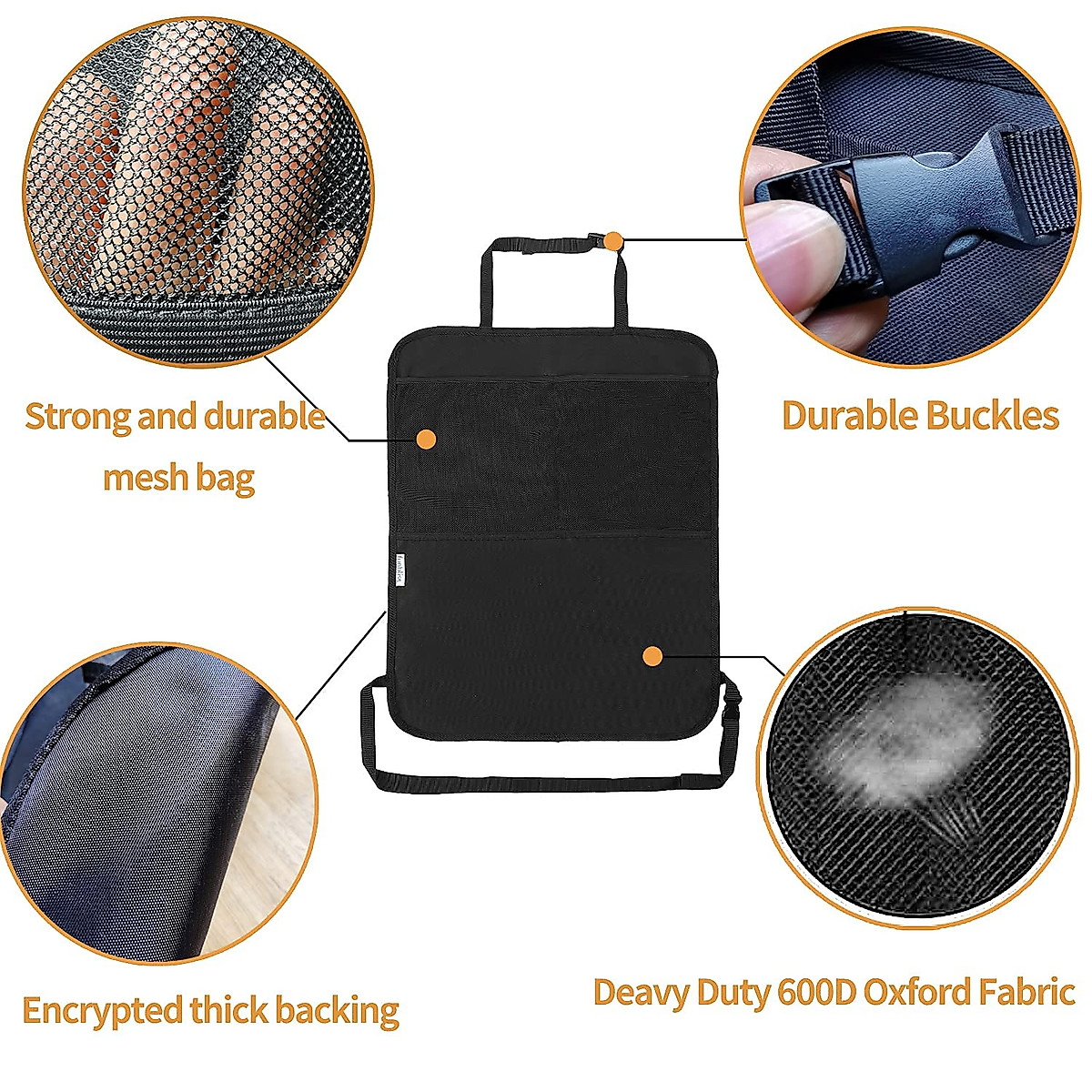 funbliss Duty Kick Mats(2 Pack),Back Seat Protector for Kids,Premium Waterproof Fabric, Reinforced Corners to Prevent Sag,2Reinforced Storage Pockets,Universal Fit,Black