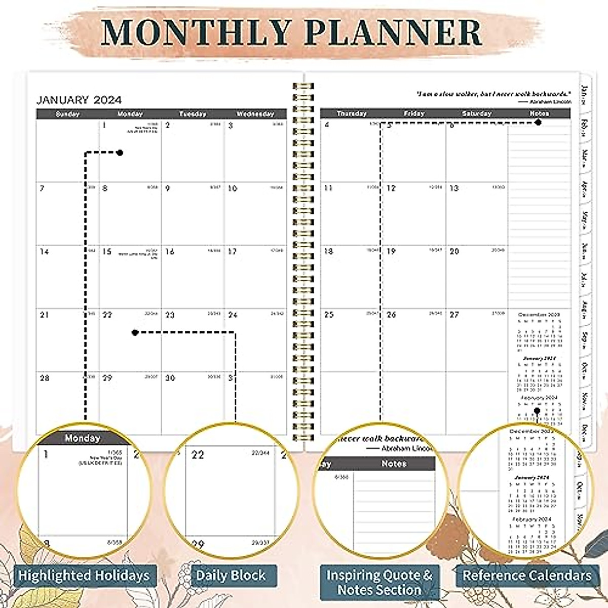 2024-2025 Monthly Planner - 18 Monthly Planner/Calendar 2024-2025, July 2024 - December 2025, 9" x 11", Monthly Tabs, Holidays, Back Pocket, Twin-Wire Binding, Note Pages, Thick Paper