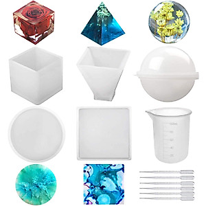 Silicone Resin Molds 5Pcs Resin Casting Molds Including Sphere, Cube, Pyramid, Square, Round with 1 Measuring Cup & 5 Plastic Transfer Pipettes for Resin Epoxy, Candle Wax, Soap, Bowl Mat etc