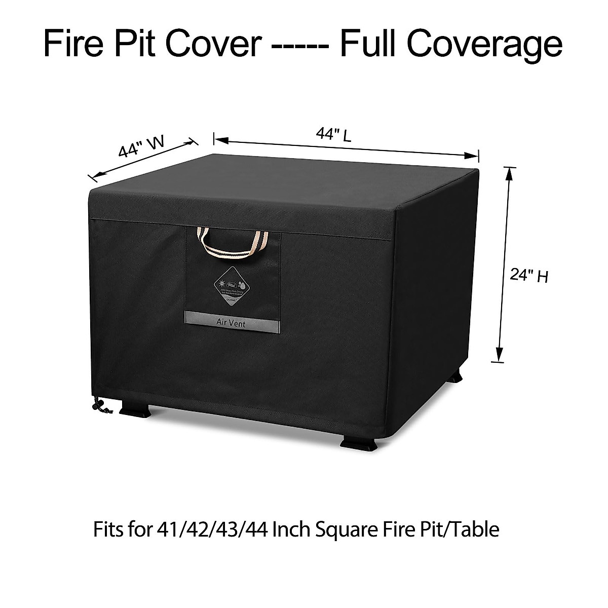QH.HOME Fire Pit Cover Square Super Waterproof, 44" L x 44" W x 24" H Outdoor Firepit Table Cover 600D Strong Tear Resistant, UPF 50+ Fire Pit Cover Fading Resistant for Square Fire Pit - Black