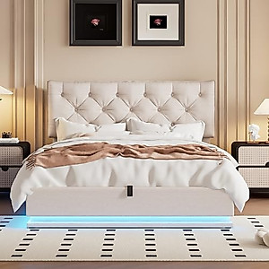 Prohon Queen Size Platform Bed with Hydraulic Storage System and Sensor LED Light, Modern Upholstered Bed Frame w/Button-Tufted Design Headboard, No Box Spring Needed, Wooden Slats Support, Beige