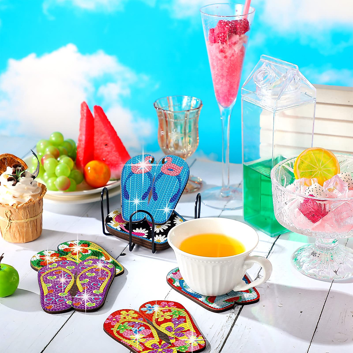 Shellwei 8 Pcs Flip Flop Diamond Art Coasters Summer Diamond Painting Coasters with Holder Hawaii Diamond Coasters Tropical Beach Diamond Coasters for Crafts Beginner Adults Kids Party Gift