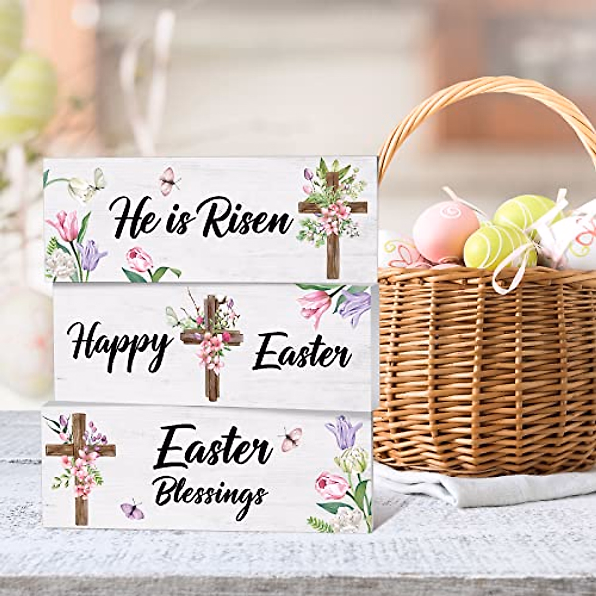 3 Pcs He is Risen Easter Blessings Happy Easter Table Wooden Sign Easter Tiered Tray Decor Religious Easter Tabletop Decorations Flower Cross Sign for Farmhouse Home Spring Easter Decor