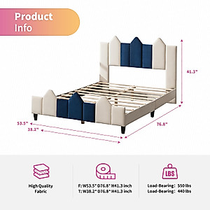 Mixoy Twin Size Kids Bed Frames,Upholstered Twin Platform Bed Frame for Children with Headboard,Toddler Bed for Boys & Girls, Teens,No Box Spring Needed, Easy Assembly(Blue/White,Twin)