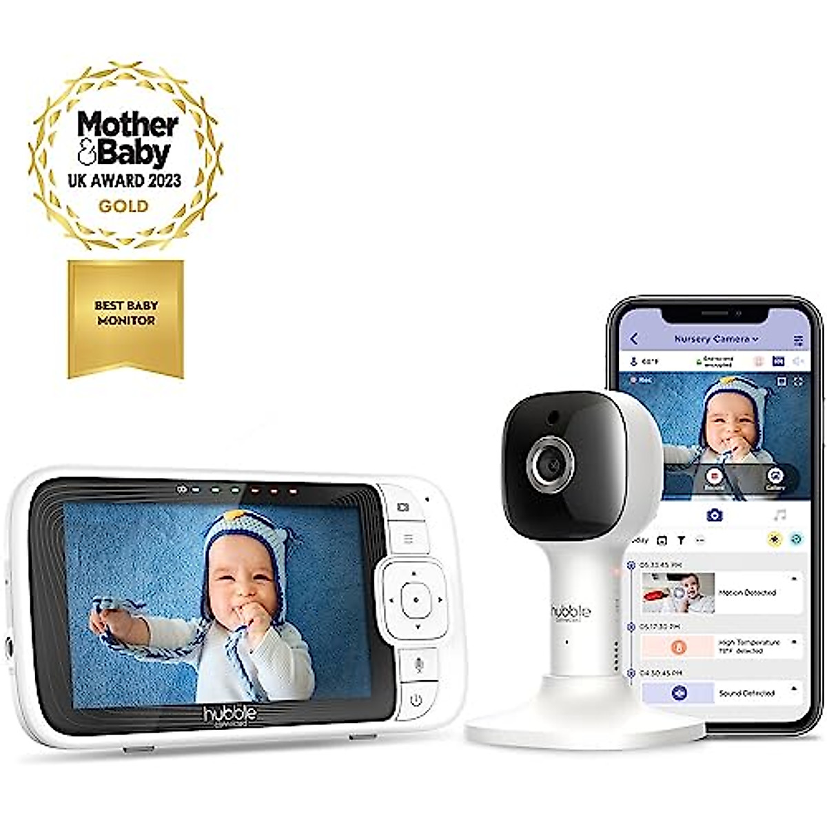 Hubble Connected Nursery Pal Cloud Smart Connected, Wi-Fi Enabled Baby Monitor with 5-Inch HD Color Parent Unit Viewer, Soothing Sounds and White Noise, 7-Color Night Light, Wall Mount, White