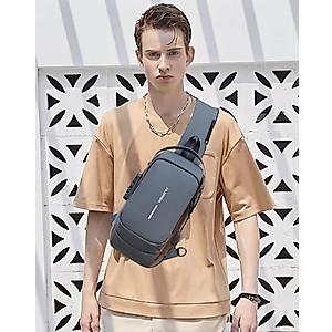 Geanbun Sling Bag for Men Anti-Theft USB Crossbody Backpack Waterproof Chest Daypack Lightweight Shoulder Bag (Grey)