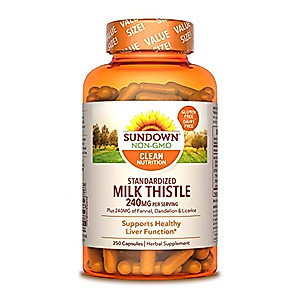 Milk Thistle by Sundown, Herbal Supplement, Supports Liver Health, Non-GMO, Free of Gluten, Dairy, Artificial Flavors, 80% Silymarin, 250 Capsules