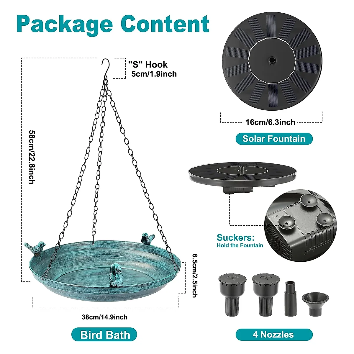 DazSpirit Hanging Solar Bird Bath Fountain, 14.9inch Diameter Green Metal Bird Bath Bowl with Solar Powered Pump & 4 Water Spray Nozzles for Outdoor Garden Backyard Patio Lawn