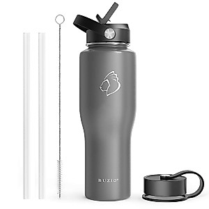 BUZIO Stainless Steel Water Bottle Vacuum Insulated (Cold for 48 Hrs, Hot for 24 Hrs), Graphite 32oz Tumbler Travel Flask with Straw Lid and Flex Cap, Fit in Any Car Cup Holder
