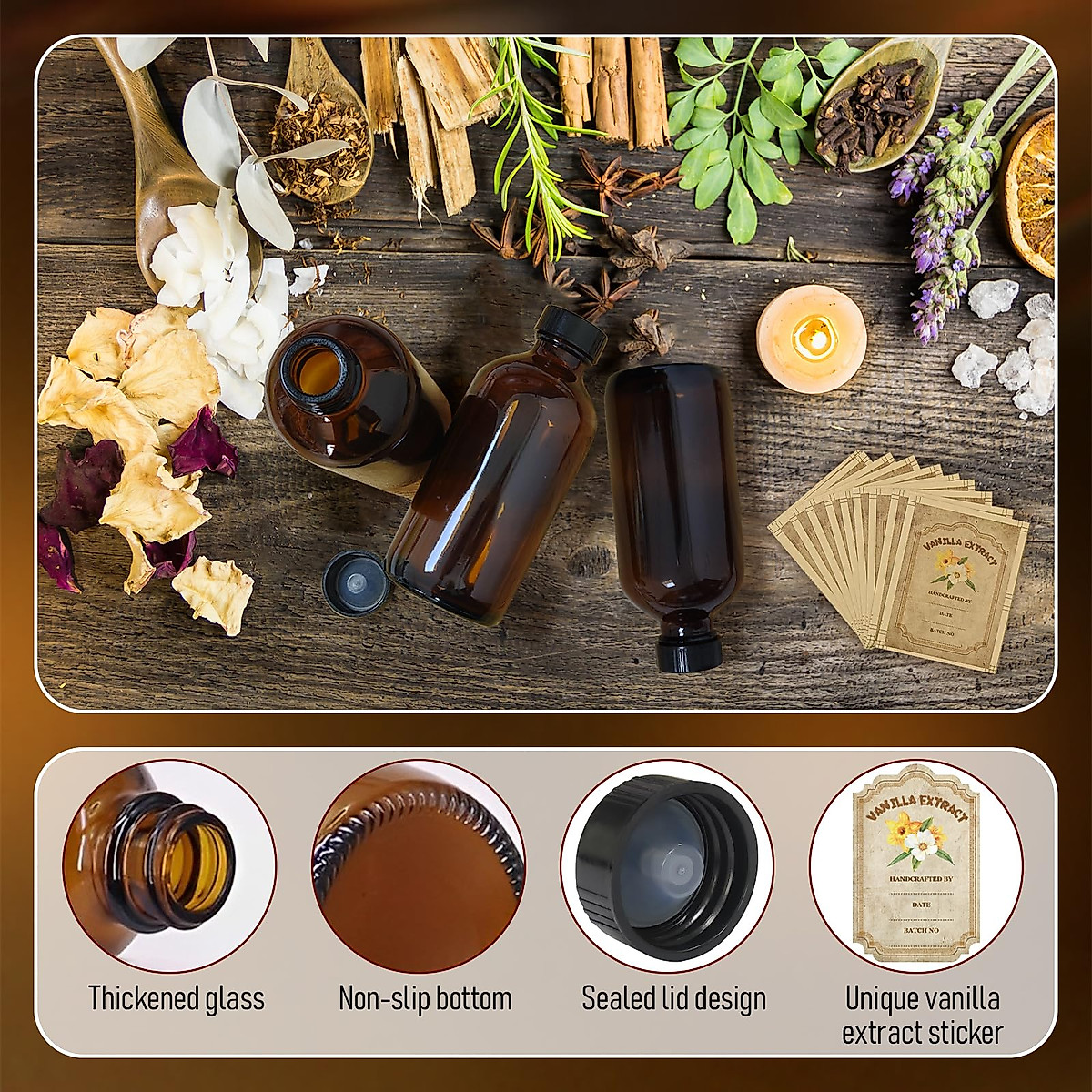 JINSILU 12 Pack 2-Ounce Amber Glass Bottle with Lid for Homemade Vanilla Extract and 12-Piece Vanilla Extract Stickers for Syrup Gifts,vanilla extract bottles (2OZ-12PC)