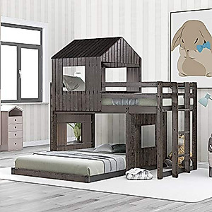GJHOME Twin Over Full House Bunk Bed with Ladder, Window and Guardrails, Wooden Low Loftbed with Playhouse, Farmhouse, for Kids Teesn Boys Girls Bedroom, Antique Gray