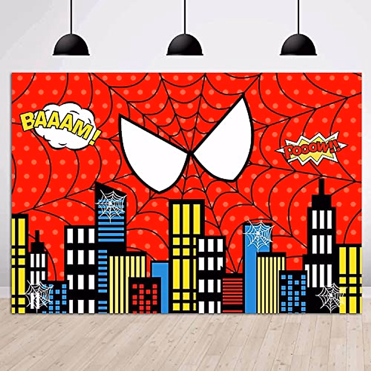 Vinyl 7x5ft Red Spider Web Photography Backdrop for Children Boys 1st Birthday Party Banner Decorations Superhero Theme Cityscape Photo Background Baby Shower Photo Booth Supplies