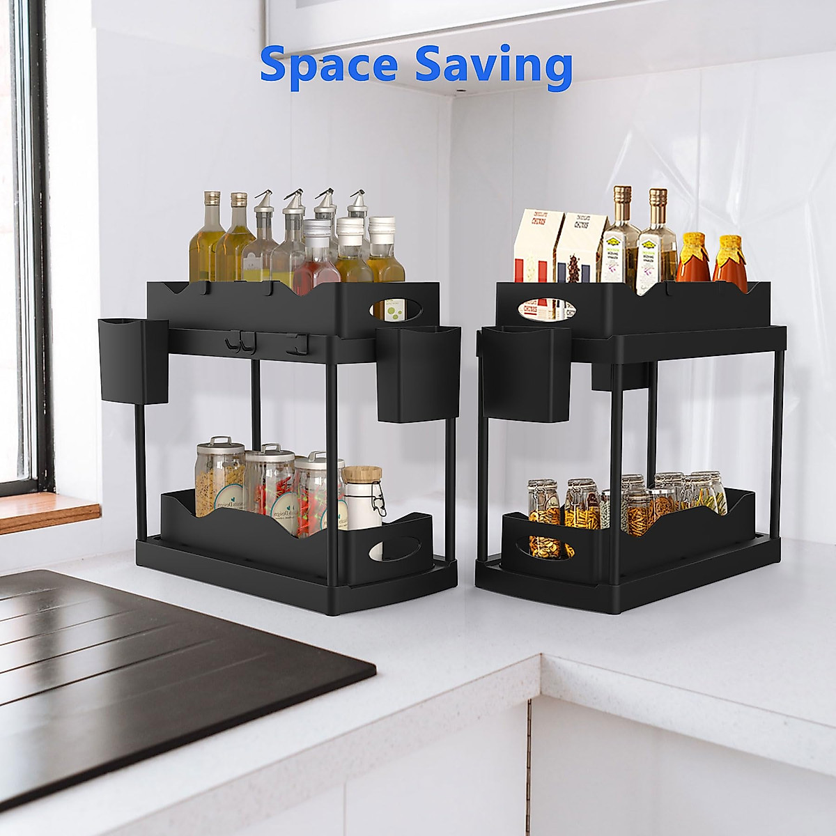Dynoar 2 Pack Double Sliding Under Sink Organizers and Storage, 2-Tier Pull-Out Organizers for Kitchen Bathroom, Under Sink Organizers with Dividers Hanging Cups Hooks
