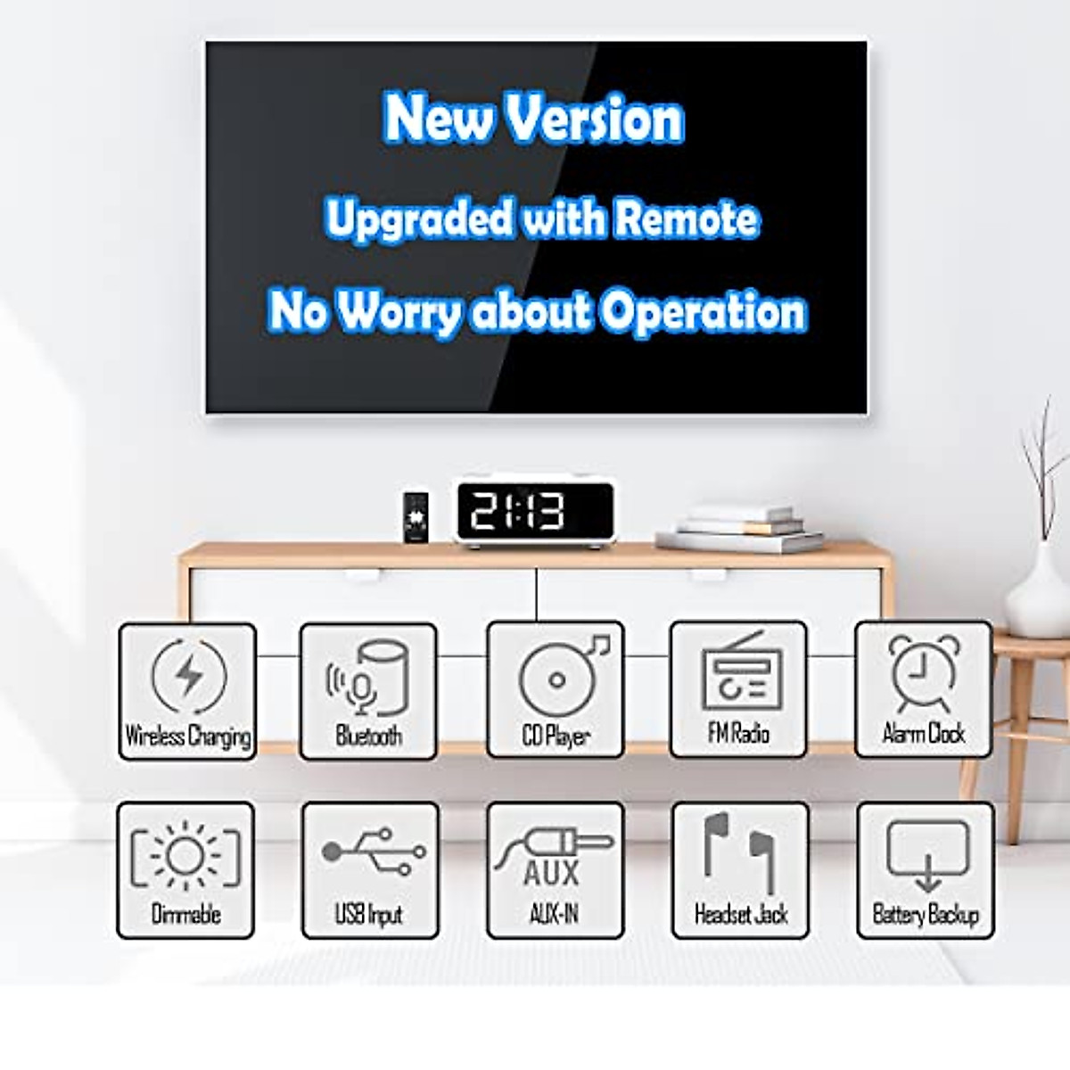 G Keni CD Player Dual Alarm Clock Radio, Bluetooth Boombox with Remote, 10W Fast Wireless Charging, Digital FM Radio, MP3/USB Music Player, Snooze & Sleep Timer, Dimmable Mirror LED Display for Home