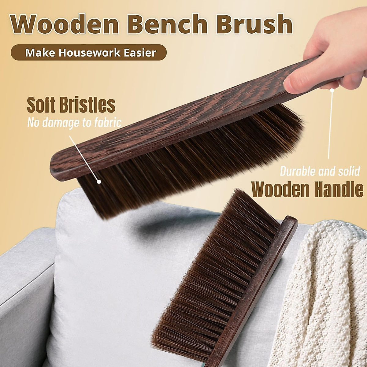 2 Pieces Hand Broom Woooden Dust Brush Bench Brush with Long Wood Handle Whisk Broom Soft Bristle Brush for Clothes Bed Fireplace Sofa Counter Car Household Cleaning (Brown)