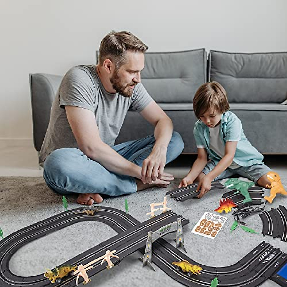 Electric Slot Car Race Track Sets for Boys Age 8-12, Including 2 Dinosaur Cars 2 Hand Controllers, Electric Dinosaur Racing Tracks for Kids, Gift Toys for Children Over 8 Years Old