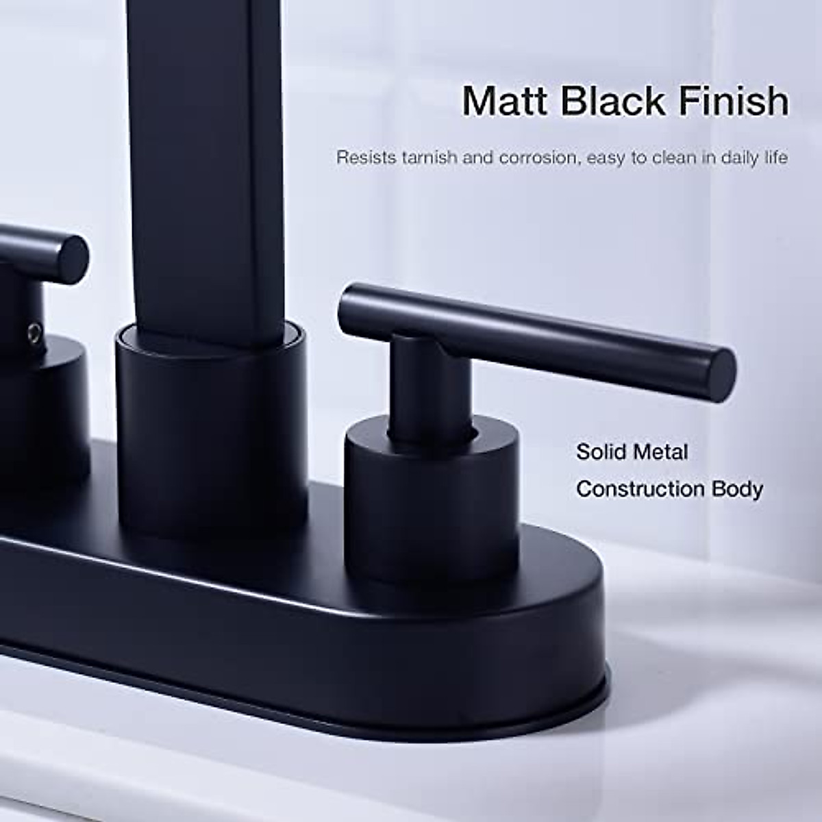 DIKUROOMS Bathroom Faucet 2 Handle 4 Inch Centerset Lavatory Vanity Sink Faucet with Overflow Pop-Up Drain and cUPC Water Supply Lines, Square Shaped 360 Degree Swivel Waterfall Spout, Matte Black