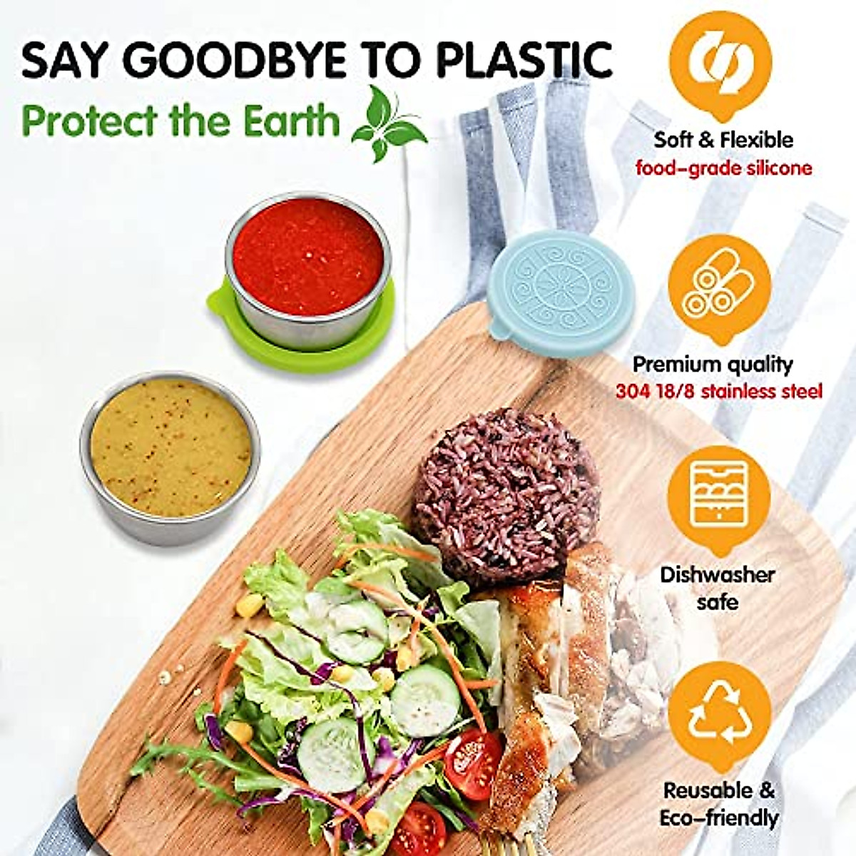 Salad Dressing Containers To Go, 3x1.7oz Small Stainless Steel Condiment Containers with Lids, Leakproof Dip Containers, Reusable Mini Sauce Container, Premium Silicone Lids Dipping Sauce Cups