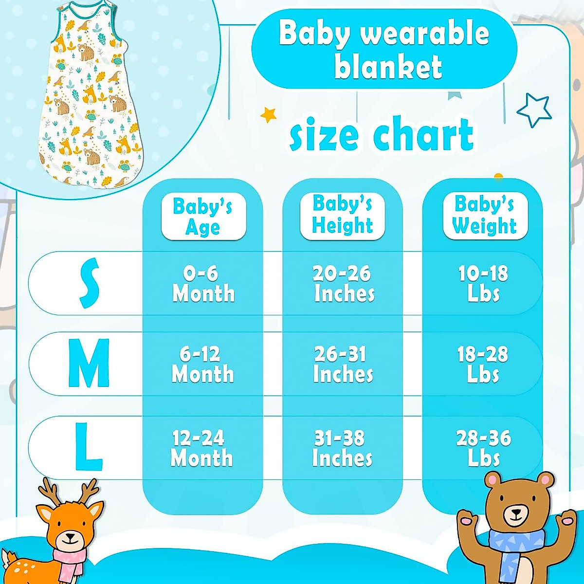 Baby Sleep Sack Sleeveless Wearable Blanket for Girls & Boys Two-Way Zipper Soft Organic Cotton Pajamas with Woodland Pattern (12-24 Months)