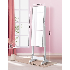 Nicetree Jewelry Cabinet with Full-Length Mirror, Standing Lockable Jewelry Armoire Mirror Organizer, 3 Angel Adjustable, White