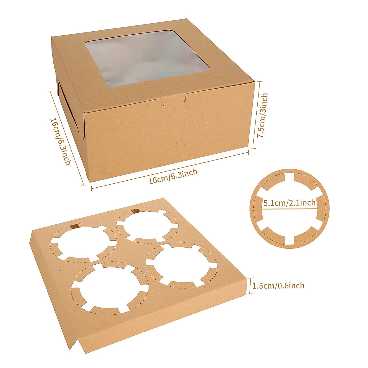 QTLCOHD 100Pcs Cupcake Boxes 4 Count Cupcake Containers 6x6x3 Inch Brown Cupcake Box Bulk for Cupcakes Muffins Cookies Pastries