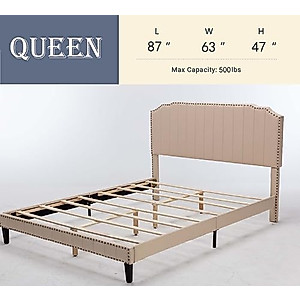Queen Size Linen Upholstered Platform Bed Frame with Soft Curved Headboard and Wooden Slats Support, No Box Spring Needed for Boys Girls Teens Adults, Noise-Free, Under Bed Storage (Beige)