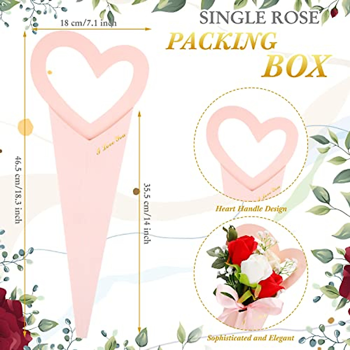 Thenshop 20 Pcs Single Flower Sleeve Love Heart Floral Bouquet Bags Paper Flower Bag Pink Gift Florist Box with Ribbons for Packaging Wrapping Single Rose Flower