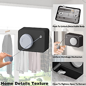 Retractable Clothesline Outdoor,Retractable Clothes Line&Maximum Extension: 13.8ft,304 Stainless Steel Clothes Line Retracting Outdoors&Indoor,Suitable for Laundry Room, Drying Room, Bedroom (Black)