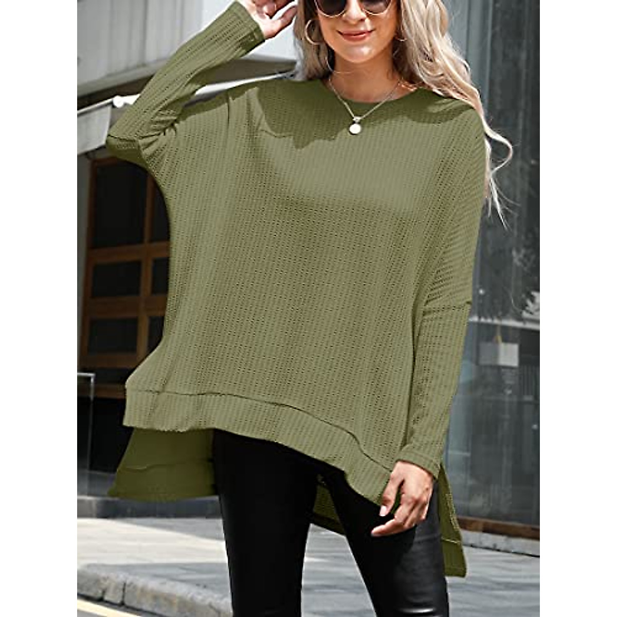 ANRABESS Sweaters for Women Oversized Long Batwing Sleeve Crewneck Waffle Knitted High Low Hem Casual Cozy Cute 2023 Fall Tunic Pullover Tops Poncho A138junlv-S Army Green