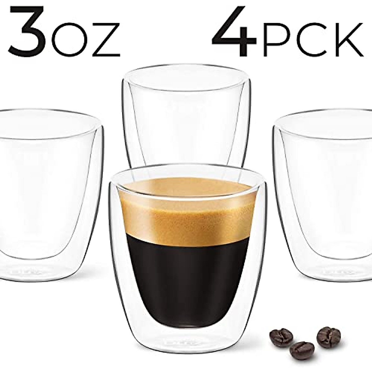 DLux Espresso Coffee Cups 3oz, Double Wall, Clear Glass set of 4 Glasses, Insulated Borosilicate Glassware Tea Cup
