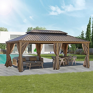 12' x 20' Hardtop Gazebo Outdoor Canopy Tent w/Double Galvanized Steel Vented Roof &Aluminum Frame for Garden Backyard,Permanent Metal Pavilion Heavy Duty Sunshade w/Privacy Curtains for Patio (Brown)