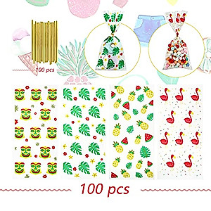 Kesote 100 Pieces Hawaiian Tropical Cellophane Treat Bags, Clear Pineapple Flamingo Goodie Candy Snack Bags Bulk with Twist Ties for Hawaiian Tropical Luau Summer Tiki Bar Party Favor Supplies