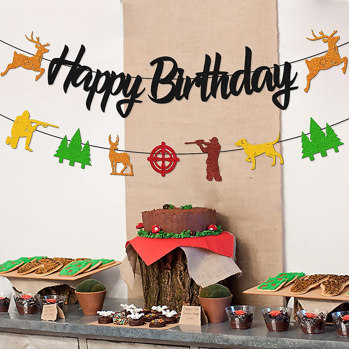 Ohiviaaa Deer Hunting Banner Gone Hunting Hunter Camping Themed for Kids Boy Girl Men Happy Birthday Party Supplies Black Glitter Decorations
