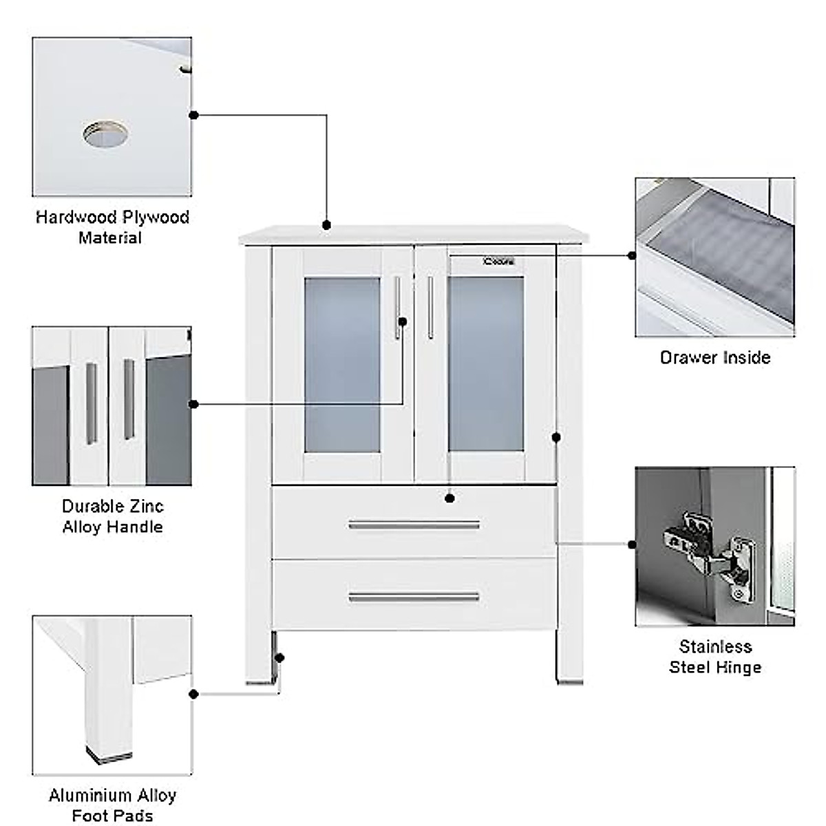 eclife 36" Bathroom Vanity Sink Combo White W/Side Cabinet Set Blue Boat Tempered Glass Vessel Sink & ORB Water Save Faucet & Solid Brass Pop Up Drain, W/Mirror (A29BU B02W)