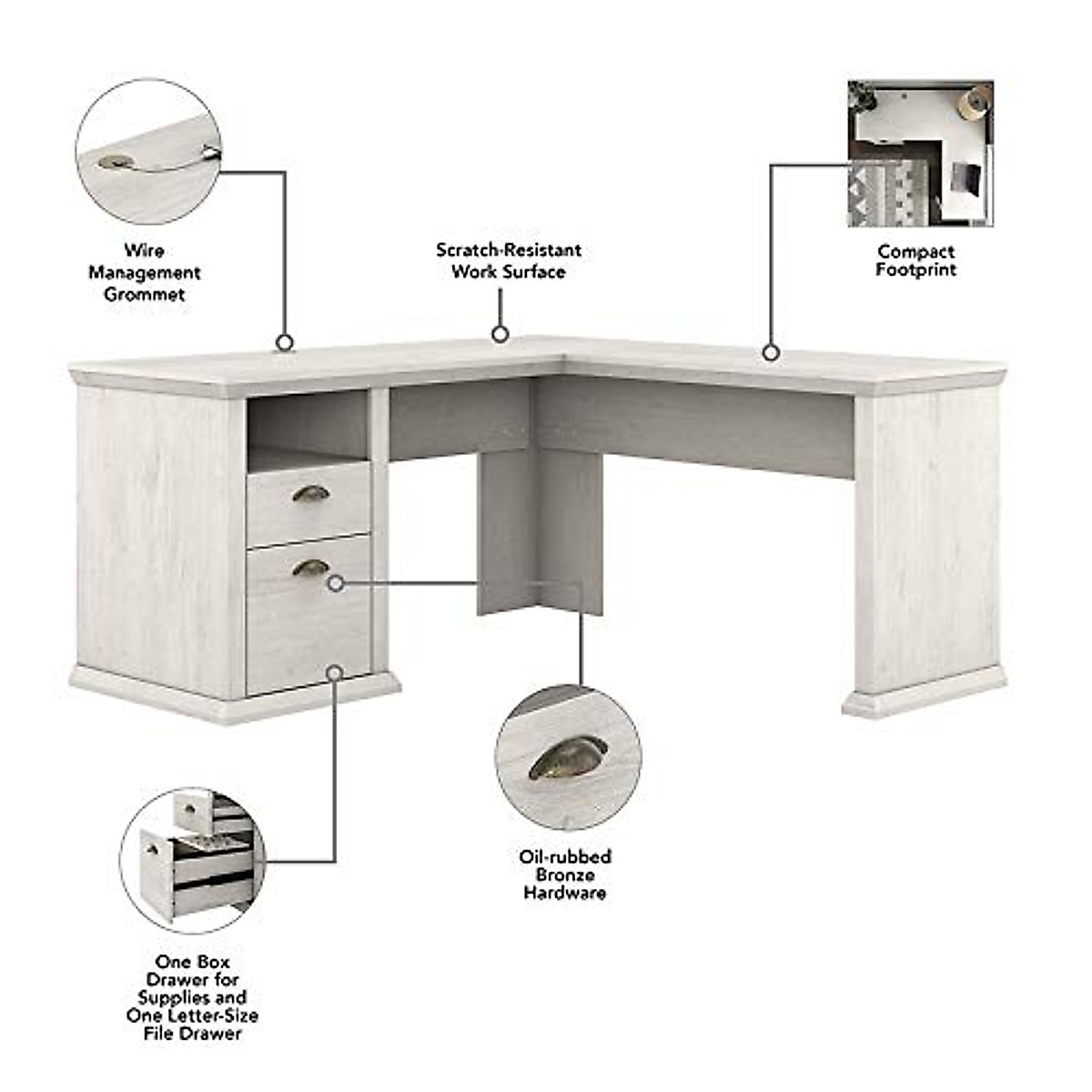 Bush Furniture Yorktown L Shaped Desk with Storage, 60W, White Oak
