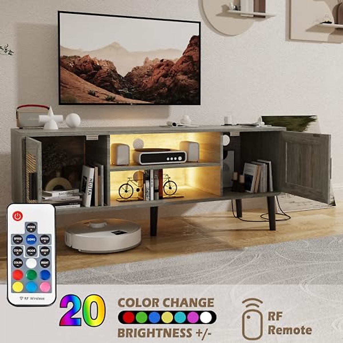 Hiwelldas TV Stand for 55 inch TV with Charging Station & 2 USB Ports Entertainment Center with Rattan Doors & Adjustable Shelf & LED Strip Boho Media Console for Living Room, Bedroom (Light Grey)