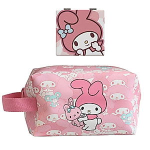 LokDra Kitty Travel Cosmetic Bag Cute Large Melody Cartoon Cosmetic Pouch Makeup Bag Foldable Storage Bags Anime Makeup Pouch with Mirror Travel Toiletry Bag Kawaii Accessories for Girls Women Pink