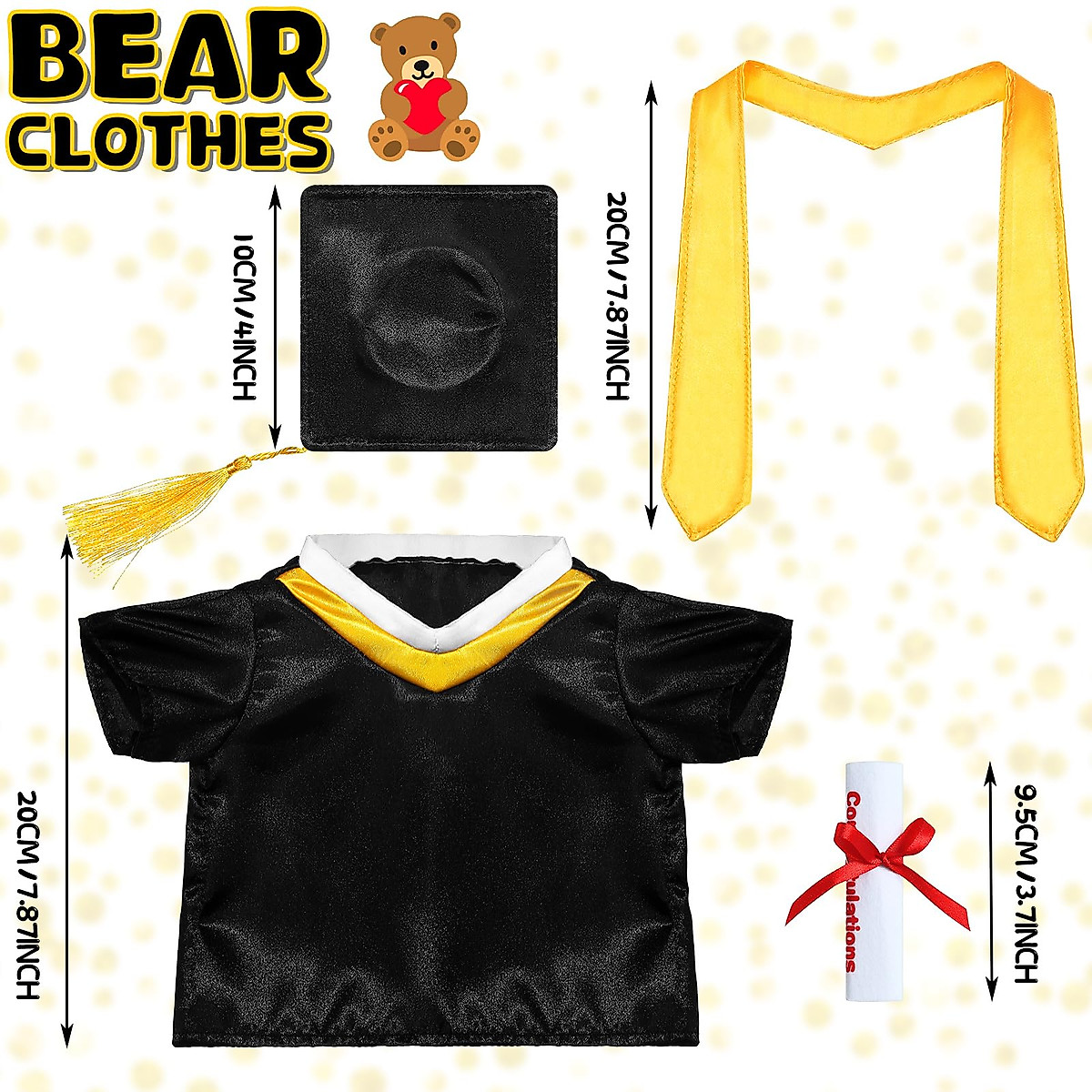 Graduation Bear Clothes Graduation Hat with Yellow Tassel Diploma Gown Outfit Plush Toy Cute Gown Clothes Accessories Fits Most 13 Inch Plush Bear Doll Small Stuffed Animal Graduation Costume