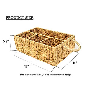 ECO 5 Water Hyacinth Large Rectangle Storage Basket, Coffee Station Organizer, 4 Dividers Basket Hand Woven with Handle, Organizing Wicker Basket for Pantry, Office, Home Décor, ‎16"D x 11"W x 5.5"H
